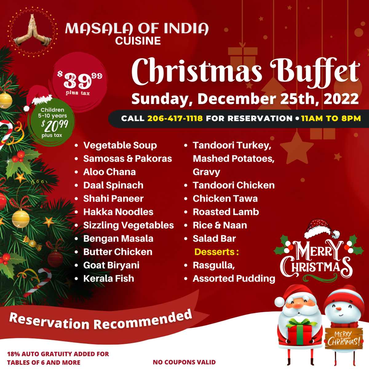 Christmas Buffet at Masala of India Cuisine in Seattle, WA - Sunday ...