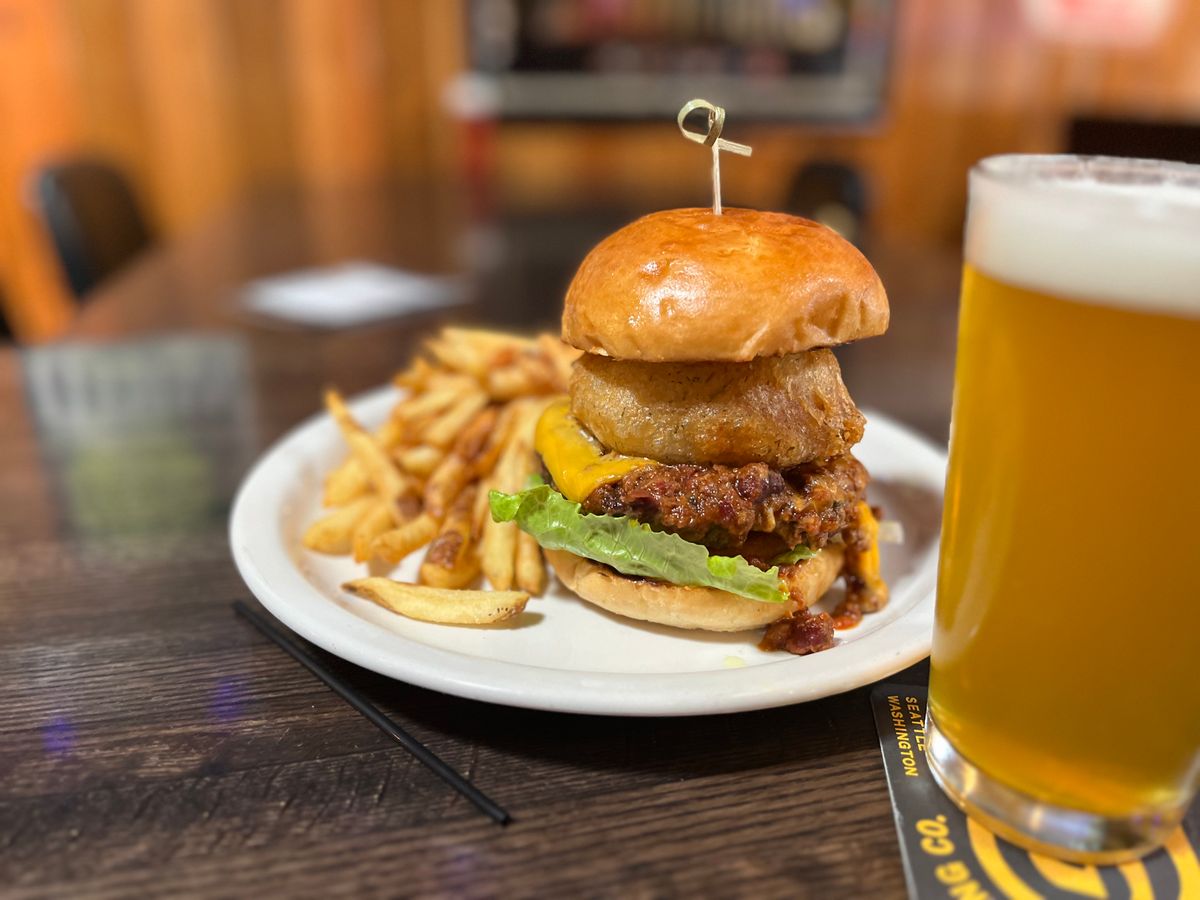 The Attic Chili Onion Ring Burger at Attic Alehouse and Eatery in ...
