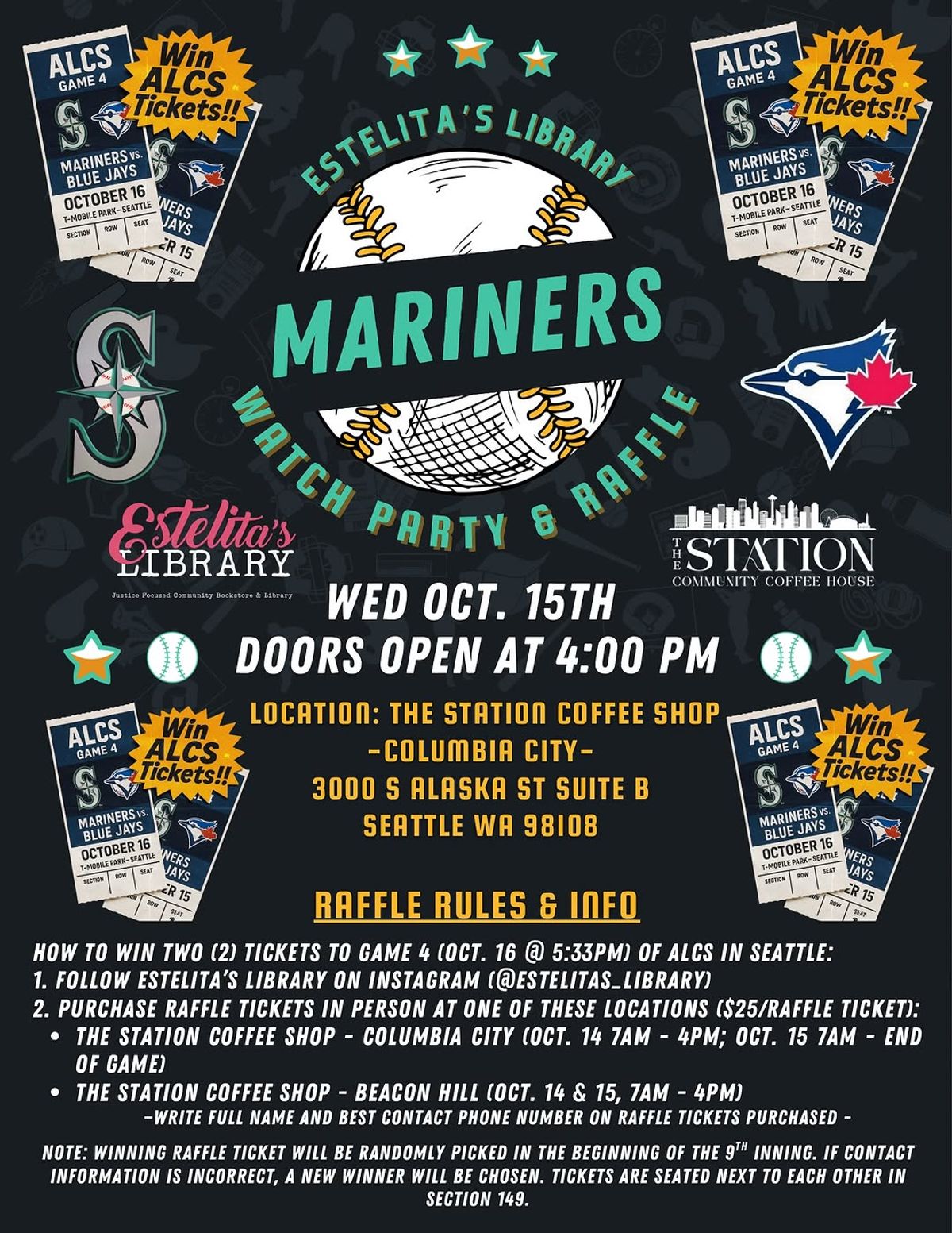 Estelita’s Library Mariners Watch Party & Raffle at Estelita’s Library ...