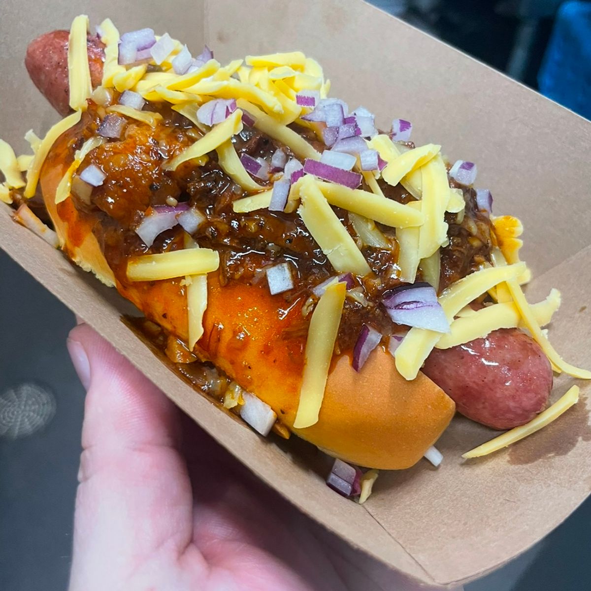 Smoked Brisket Texas Red Chili Dog at Grand Fir Brewing in Portland, OR ...