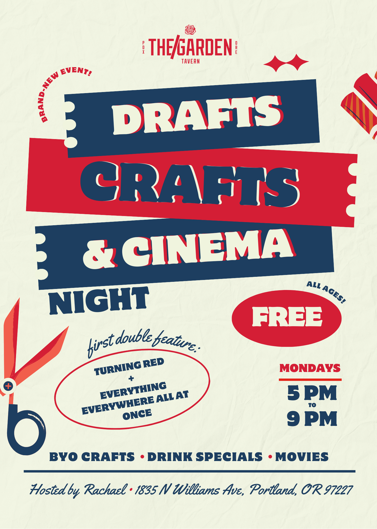 Drafts, Crafts, & Cinema Night at The Garden Tavern in Portland, Oregon - Monday, January 27 ...